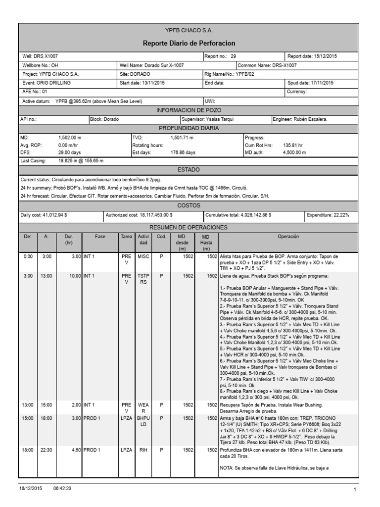 Daily Drilling Report YPFB CHACO DRS-X1007 20151215 | PDF | Procesos ...