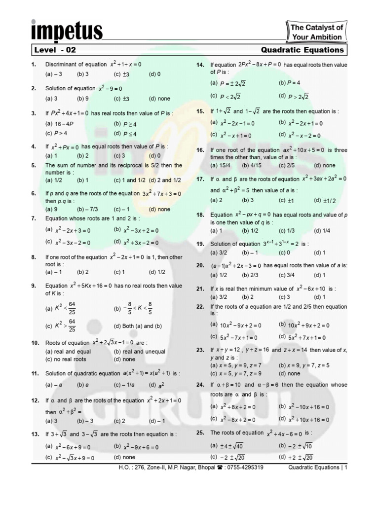 Level - 02 - Quadratic Equation_39917923_2024_08_01_10_34 | PDF ...