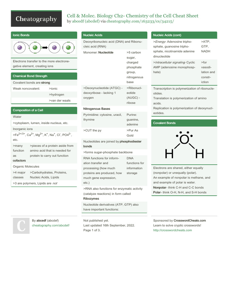 Abcdef - Cell and Molec Biology ch2 Chemistry of The Cell | PDF | Nucleotides | Chemical Substances