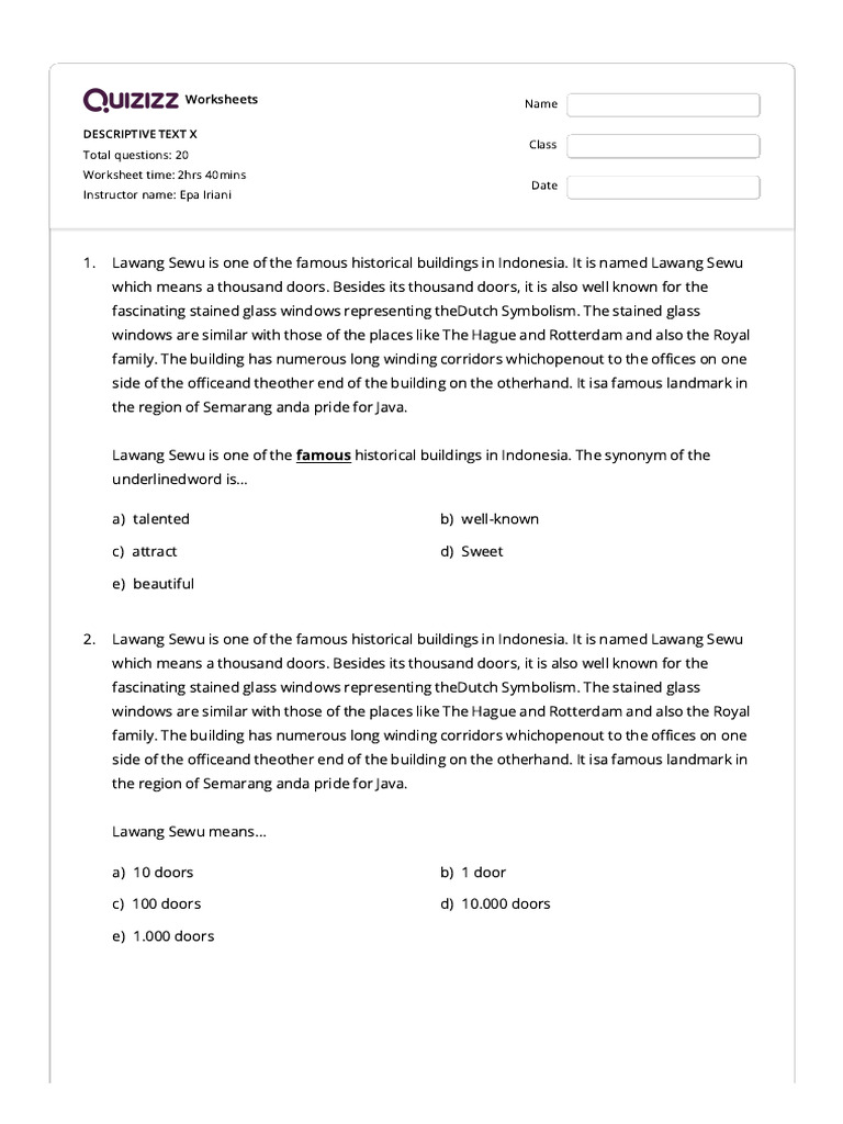 Descriptive Text Worksheets for Grades 9-11 | PDF