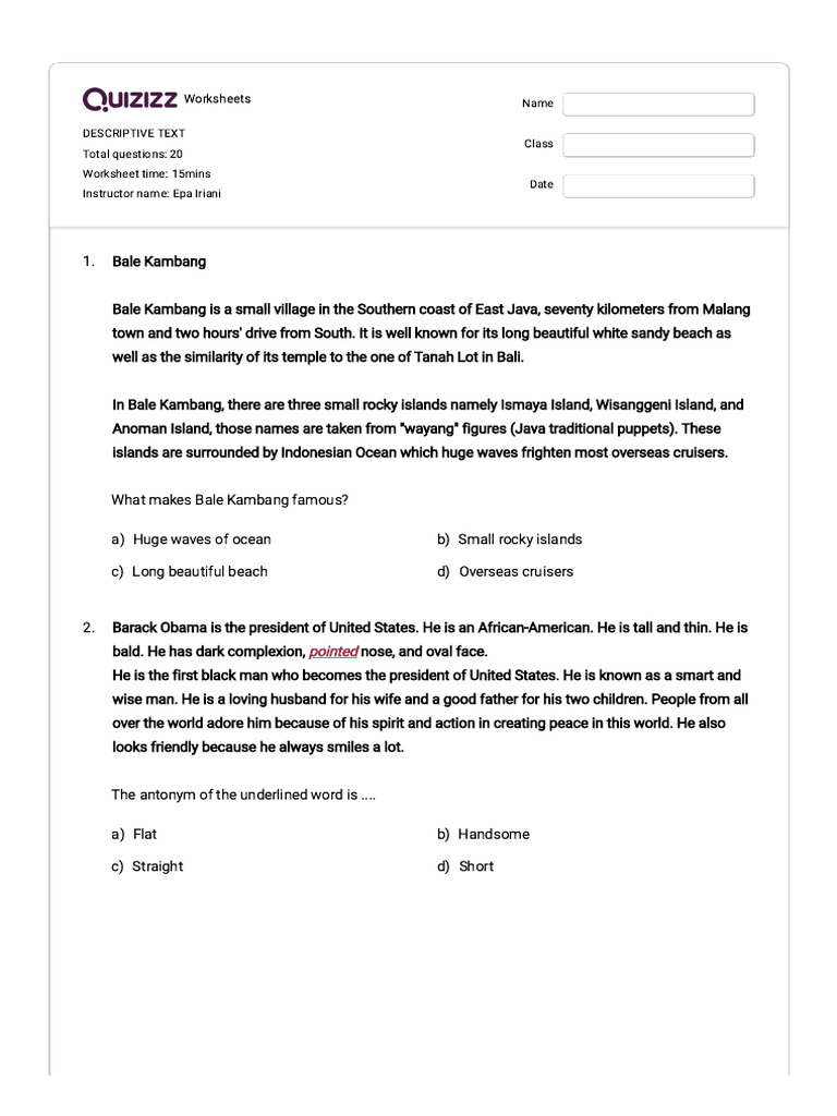 DESCRIPTIVE TEXT - Quizizz | PDF | Home & Garden