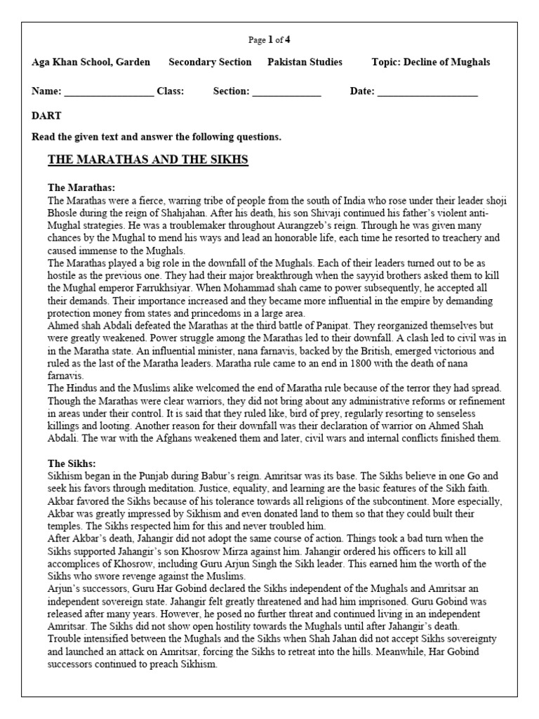 Worksheet Marathas and Sikh | PDF | Mughal Empire
