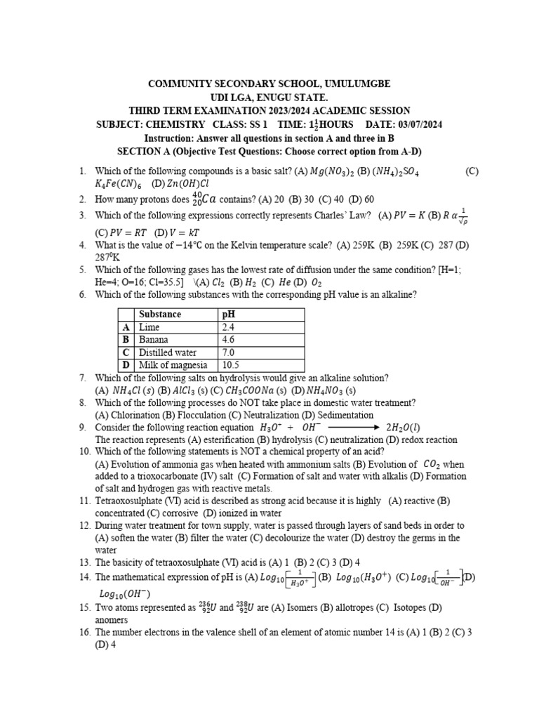 SS1 Third Term Chemistry Exam 2023 | PDF | Acid | Chlorine