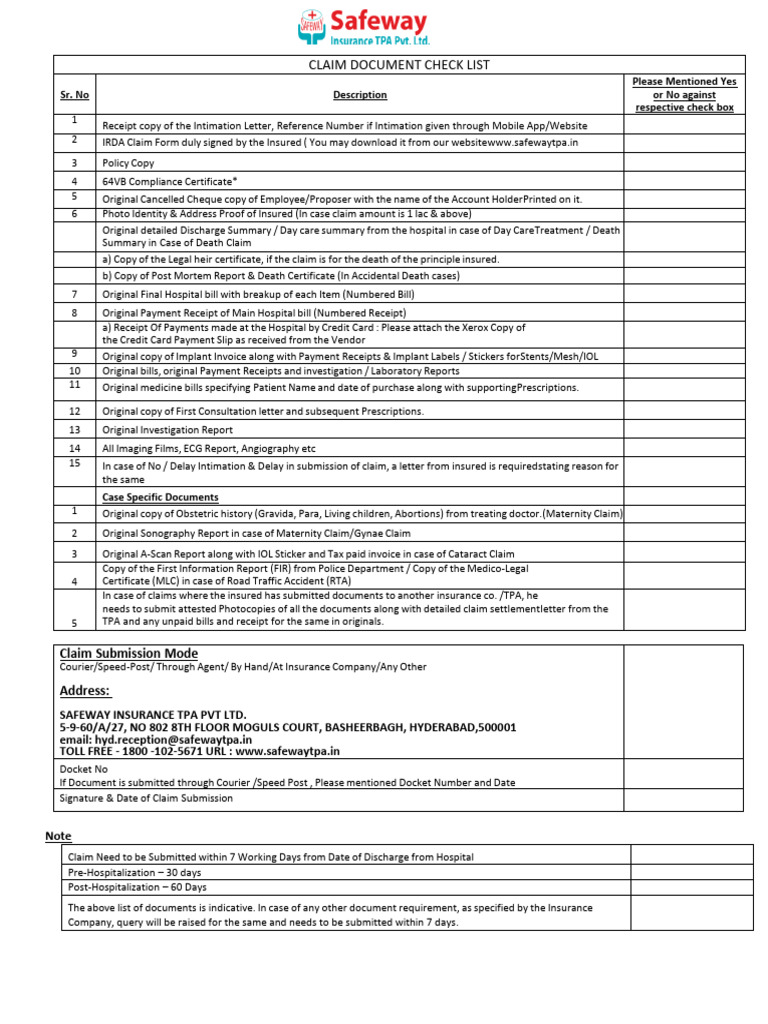 Insurance Claim Document Checklist | PDF | Receipt | Cheque