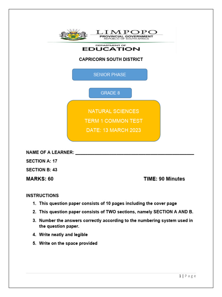 Grade 8 Natural Sciences Common Test Term 1 Test 2023 | PDF | Ecosystem ...