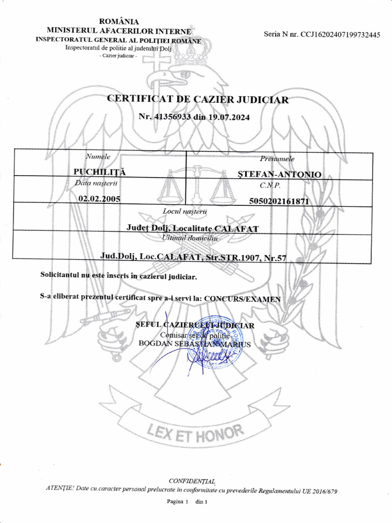 Certificat de Cazier Judiciar | PDF