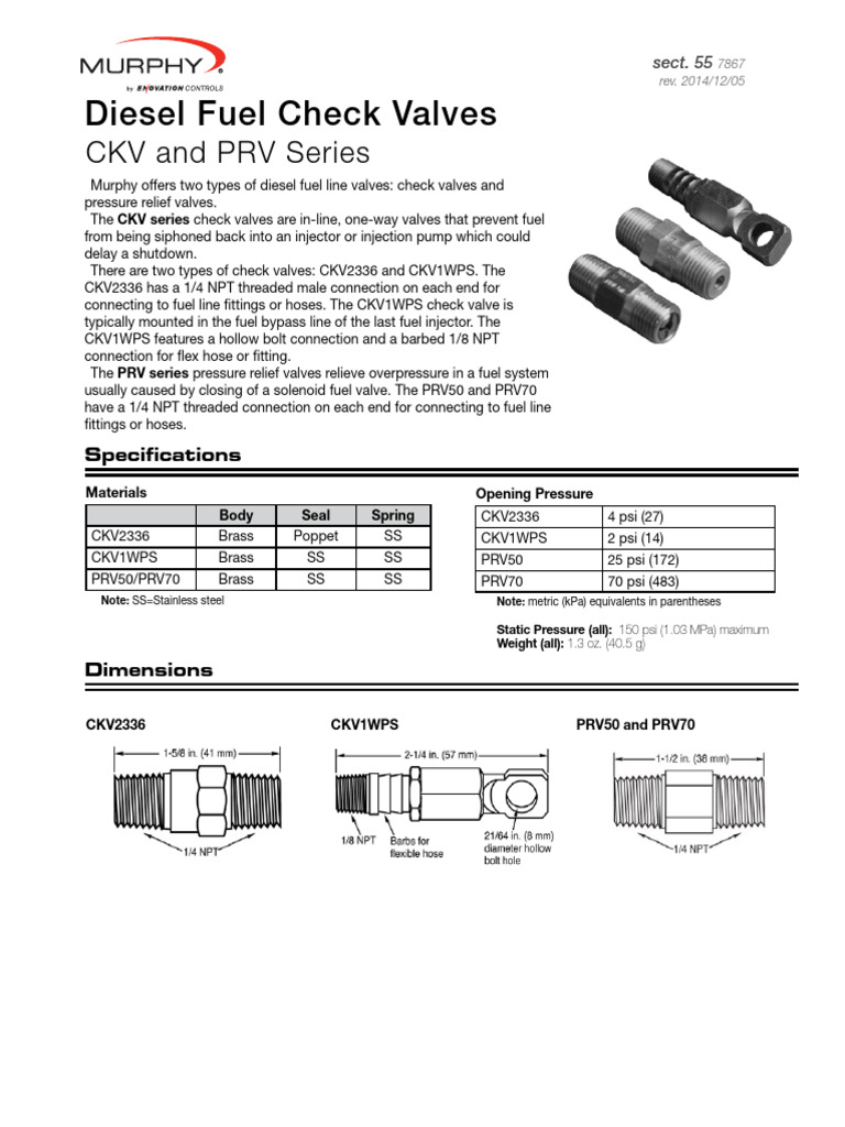 Diesel Fuel Check Valves: CKV and PRV Series | PDF | Valve | Fuel Injection