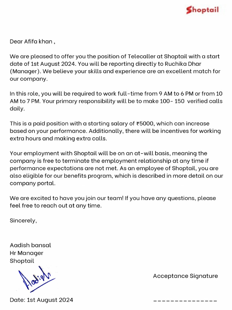 Afifa Khan Offer Letter - Shoptail | PDF Afifa Khan Offer Letter - Shoptail | PDF