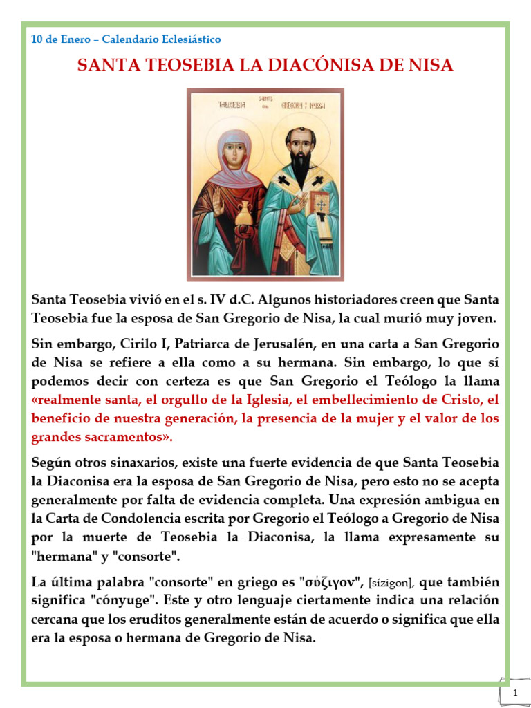 10 de Enero - Teosebia La Diacónisa de Nisa | PDF
