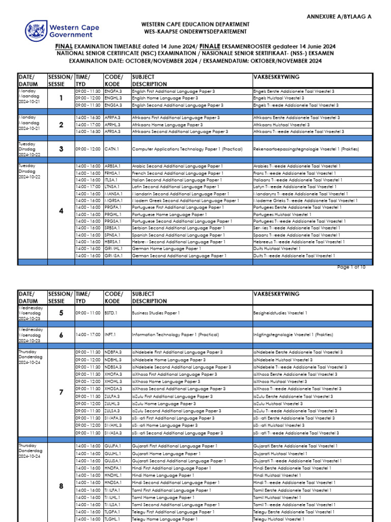 2024 NSC Exam Timetable | PDF | Linguistics | Languages