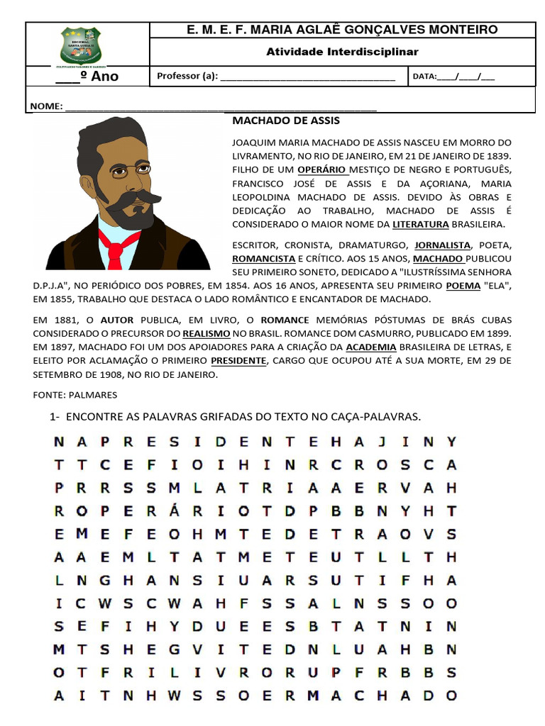 Atividade Biografia de Machado de Assis | PDF | Clássicos