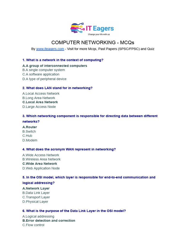 Computer Networks Mcqs | PDF | Computer Network | Osi Model Computer Networks Mcqs | PDF | Computer Network | Osi Model