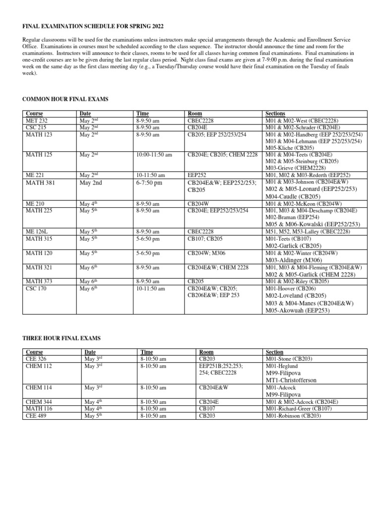 Spring 2022 Final Exam Schedule | PDF | Educational Organizations ...