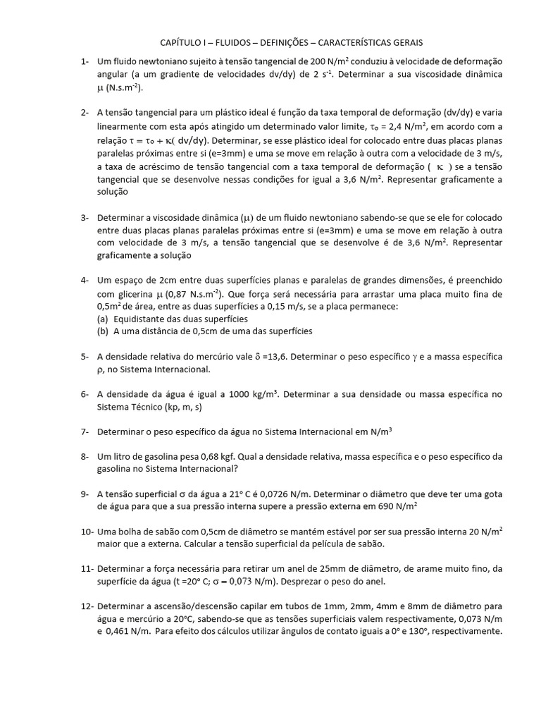 Lista de Exercicios MECFLU 1 Cap 1 2 3 4 | PDF | Estresse (Mecânica) | Pressão