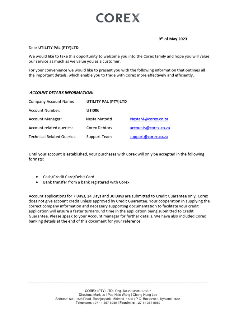 Corex Welcome Letter (UTI006) | PDF | Banks | Cheque
