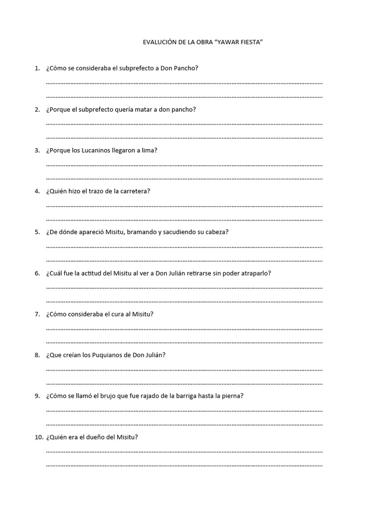 Preguntas Sobre Yawar Fiesta | PDF