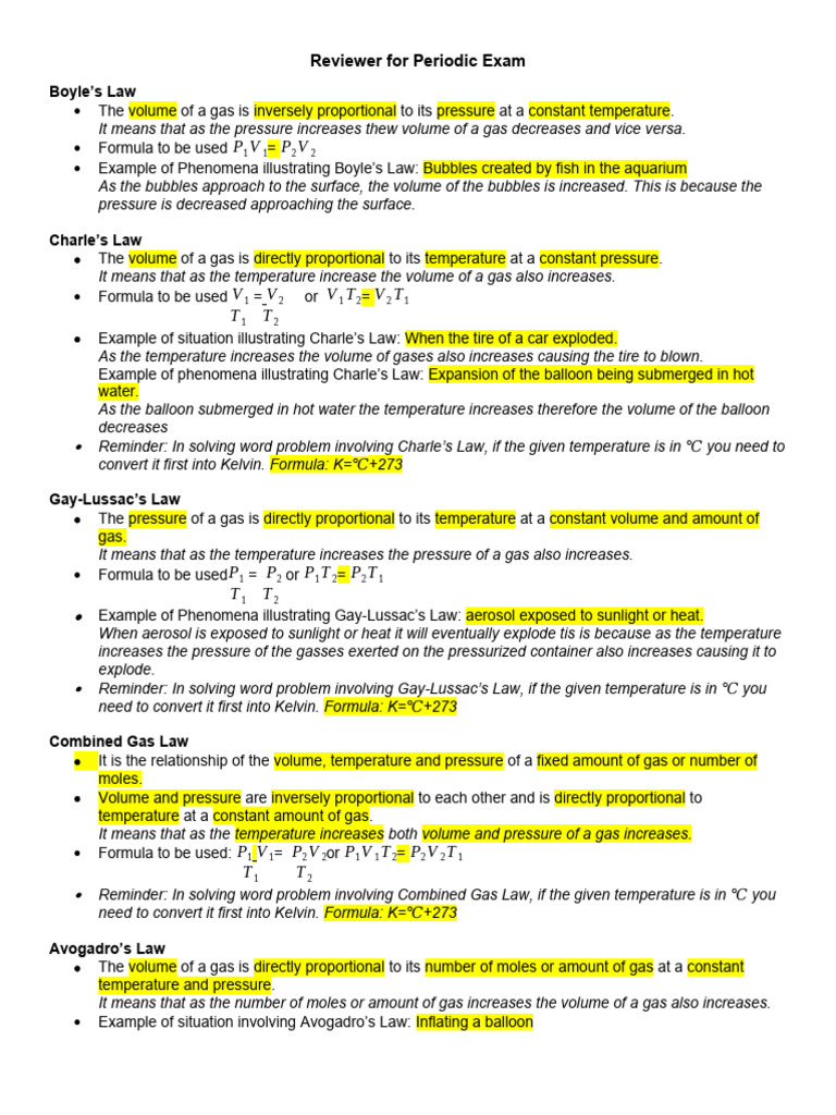 Reviewer For Periodic Exam | PDF | Gases | Chemical Reactions