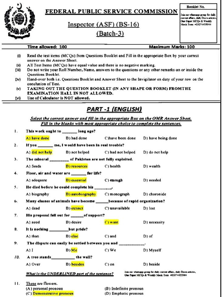 Inspector ASF Past Paper | PDF