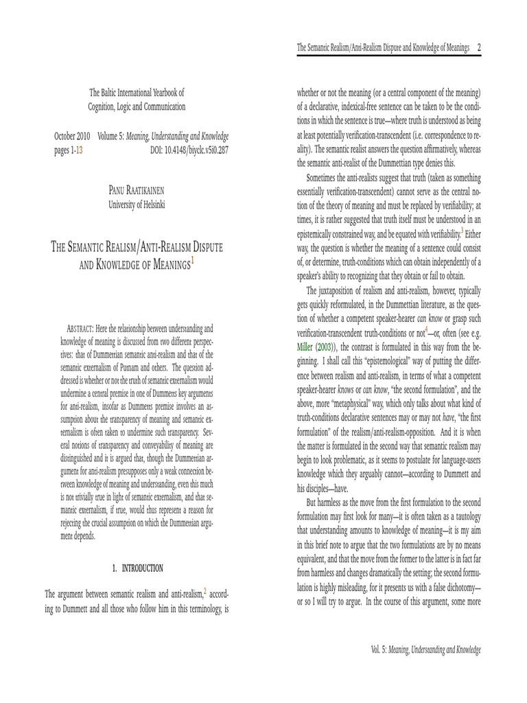 The Semantic Realism-Anti-realism Dispute and Knowledge of Meanings ...