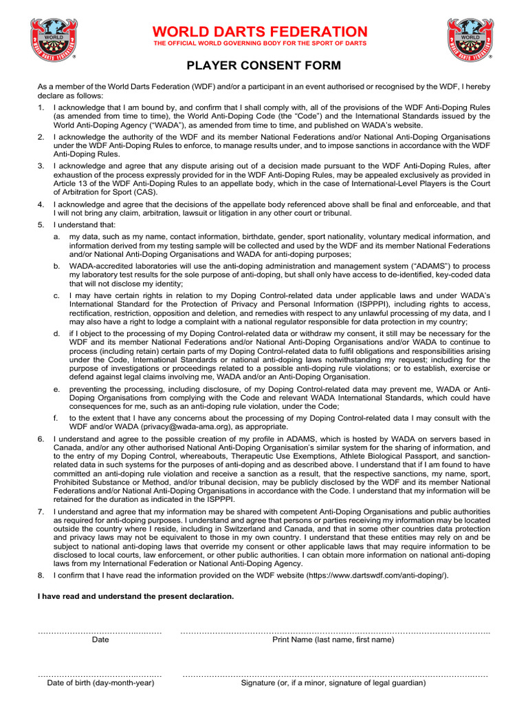 2023-09 WDF Player Consent Form | PDF | Doping In Sport | Public Law