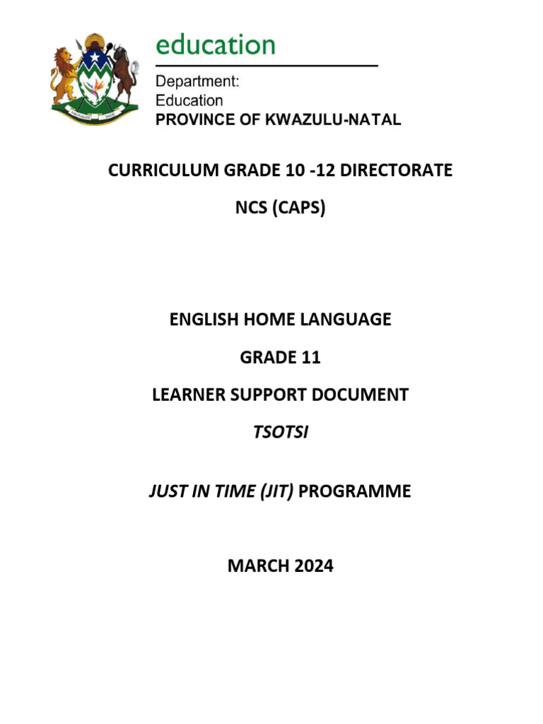 Grade 11 Novel Tsotsi Learners Guide KZN Jit | PDF | Apartheid | Gang