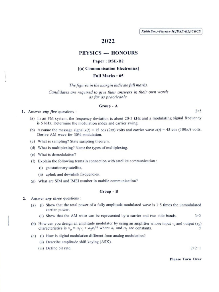 CU-2022 B.Sc. (Honours) Physics Semester-6 Paper-DSE-B-2 QP | PDF | Modulation | Frequency ...