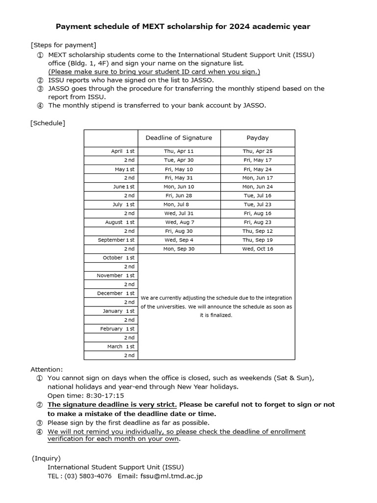 MEXT Scholarship Payment Schedule - 2024 | PDF
