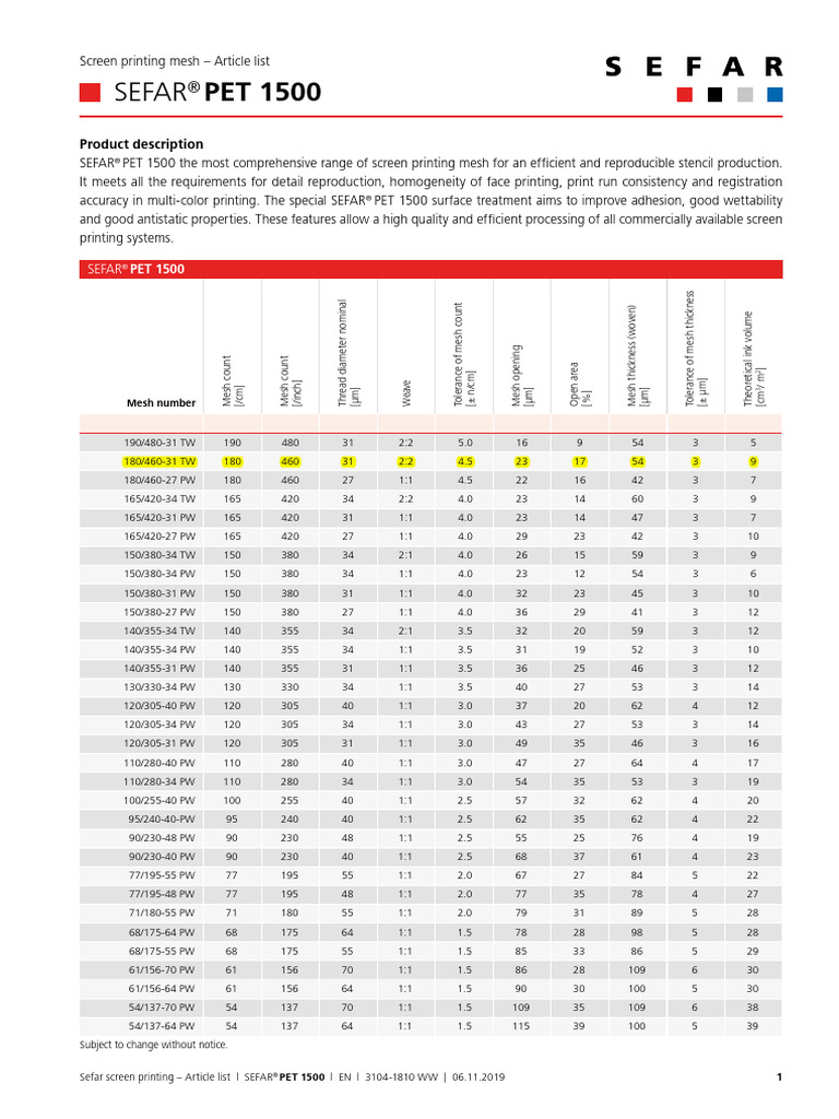 Ps PDF Sefar Pet1500 Al en | PDF | Weaving | Mean