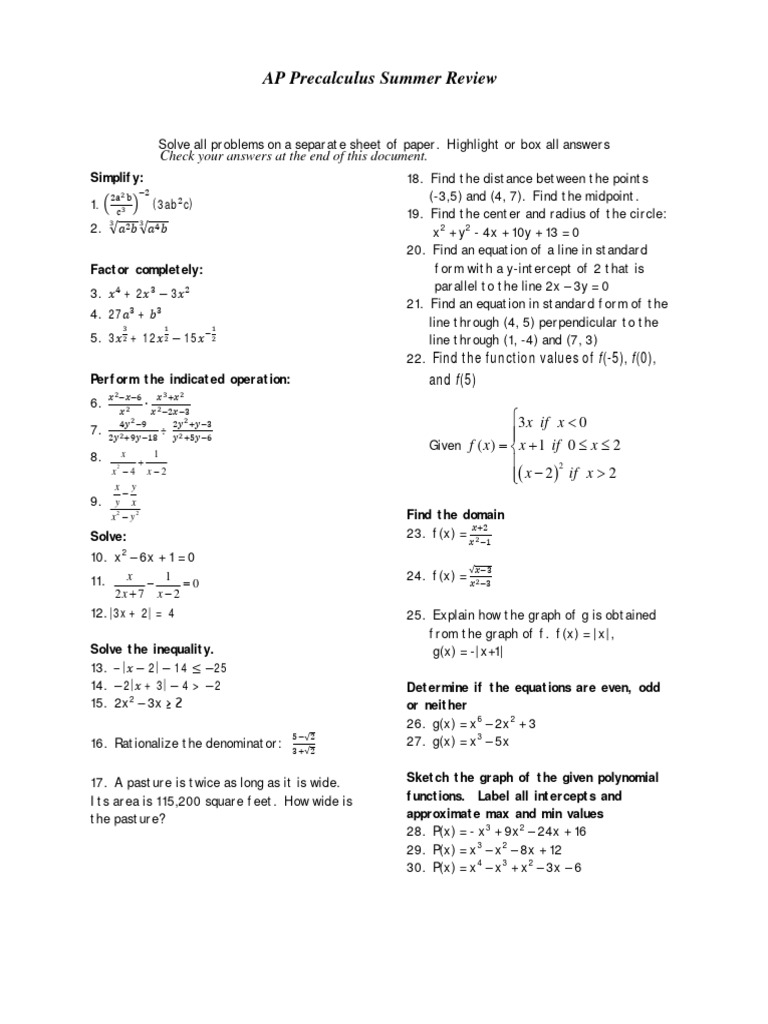 AP Precalculus Summer Review | PDF | Polynomial | Logarithm