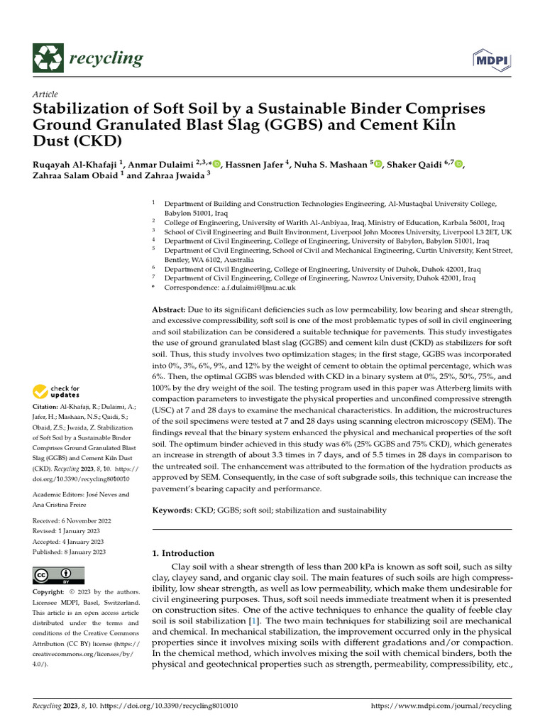 Stabilization of Soft Soil by A Sustainable Binder Comprises Ground ... Stabilization of Soft Soil by A Sustainable Binder Comprises Ground ...