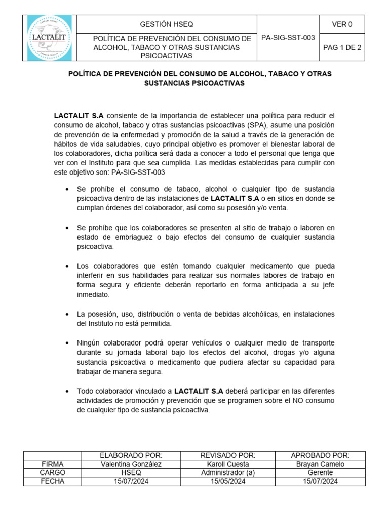Política de Prevención Del Consumo de Alcohol, Tabaco y Otras Sustancias Psicoactivas Pa-Sig-Sst ...