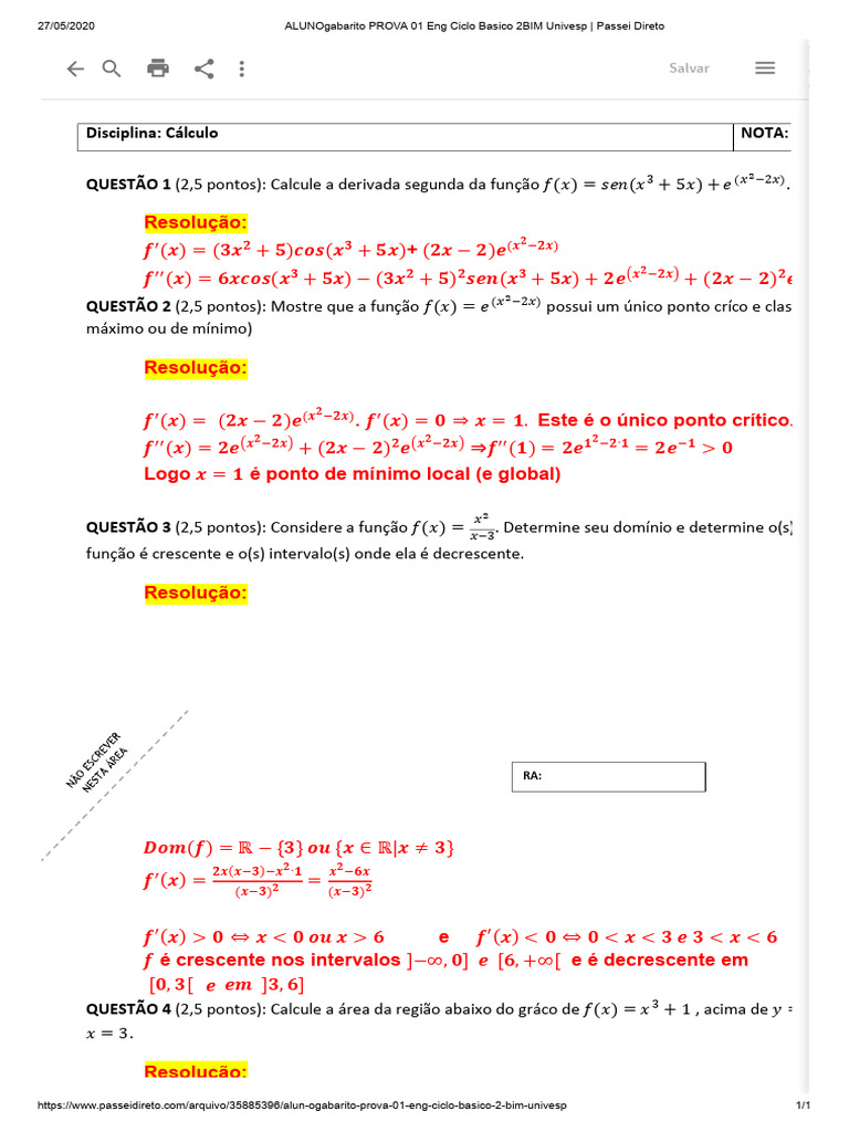 Cálculo 1 2 3 ALUNOgabarito PROVA 01 Eng Ciclo Basico 2BIM Univesp ...