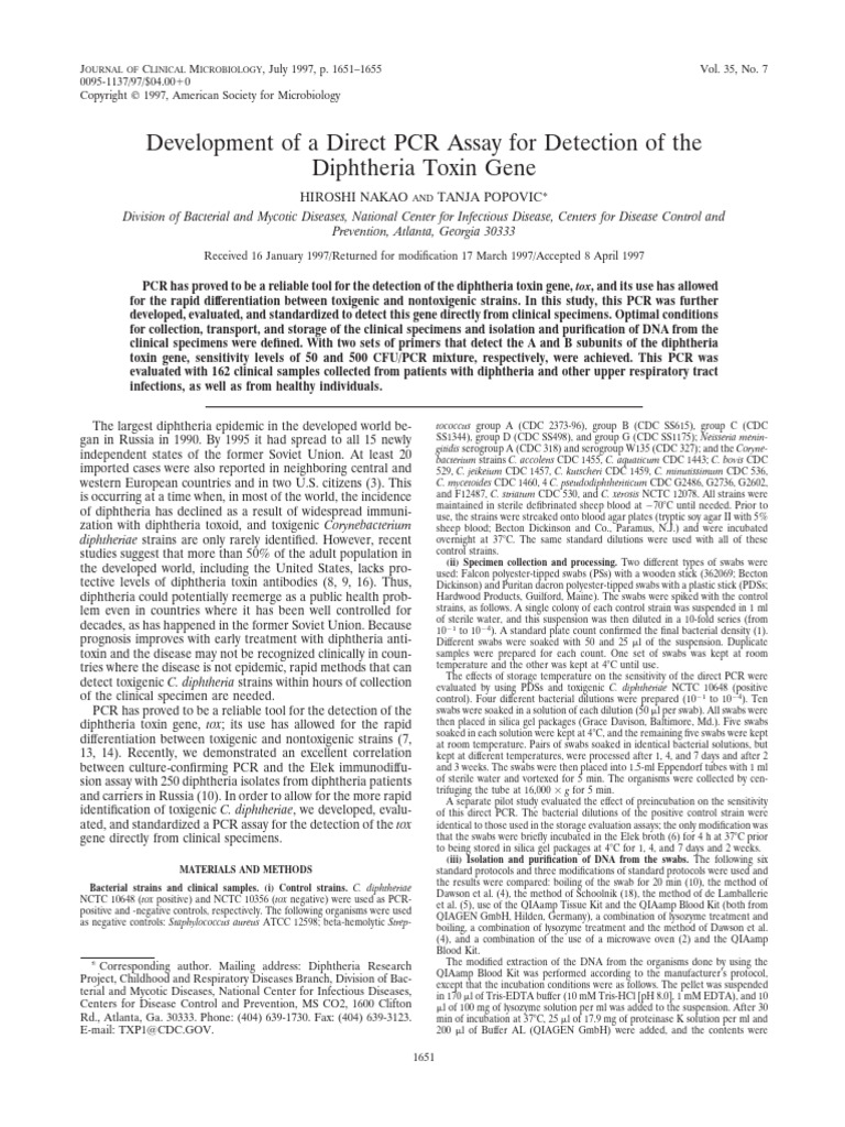 Development of A Direct PCR Assay For Detection of The Diphtheria Toxin ...