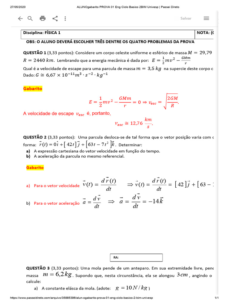 Física 1 2 ALUNOgabarito PROVA 01 Eng Ciclo Basico 2BIM Univesp _ Passei Direto | PDF | Massa ...