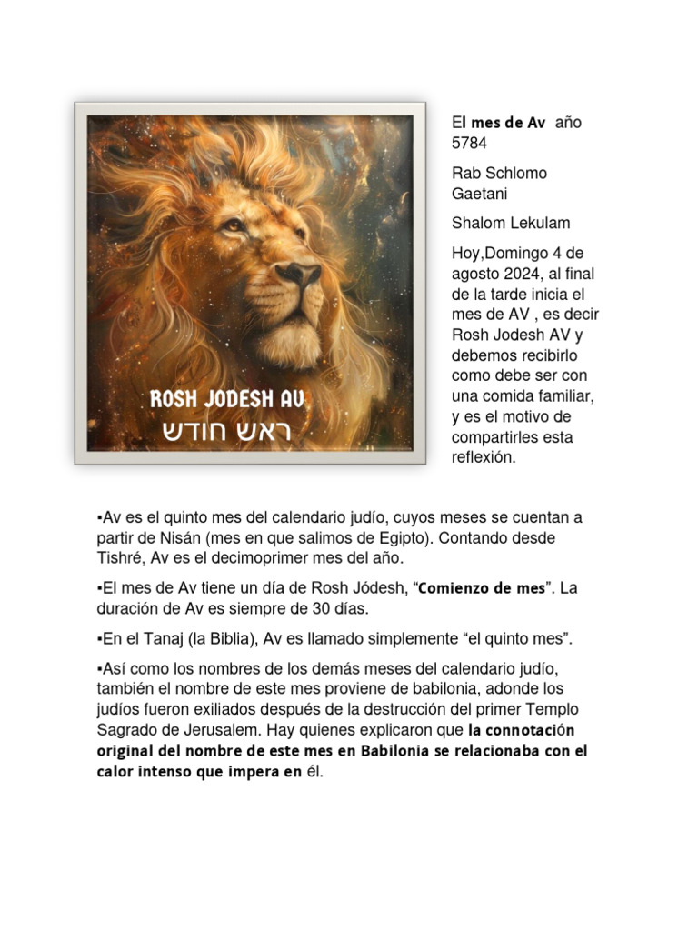 Reflexiones sobre el mes de Av 5784 | PDF | Calendario hebreo | Judios ...