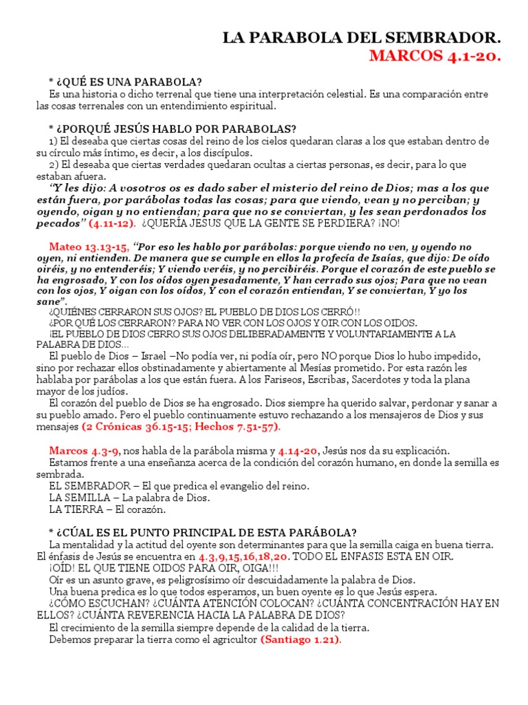 Marcos 4.1-20 - La Parabola Del Sembrador | PDF | Pecado | Fe