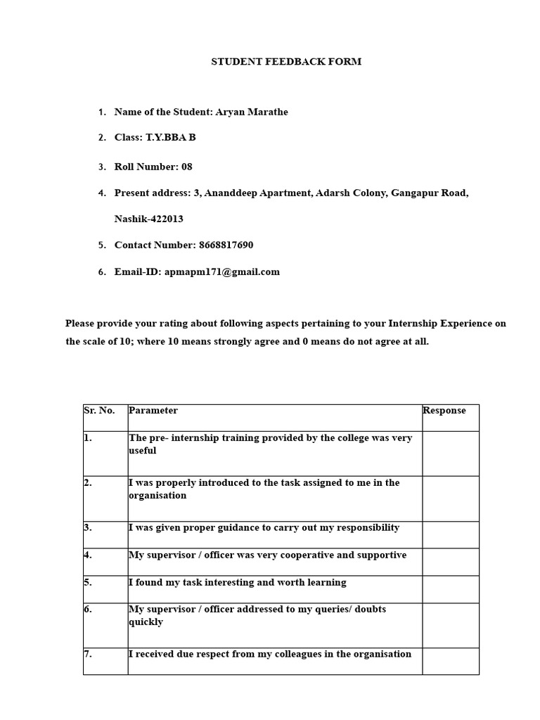 Student Feedback Form | PDF | Behavior Modification | Cognition