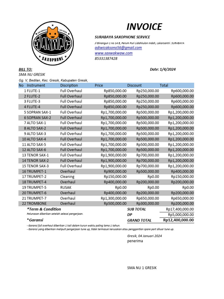 INVOICE Sax Service | PDF | Tenor Saxophone | Aerophones
