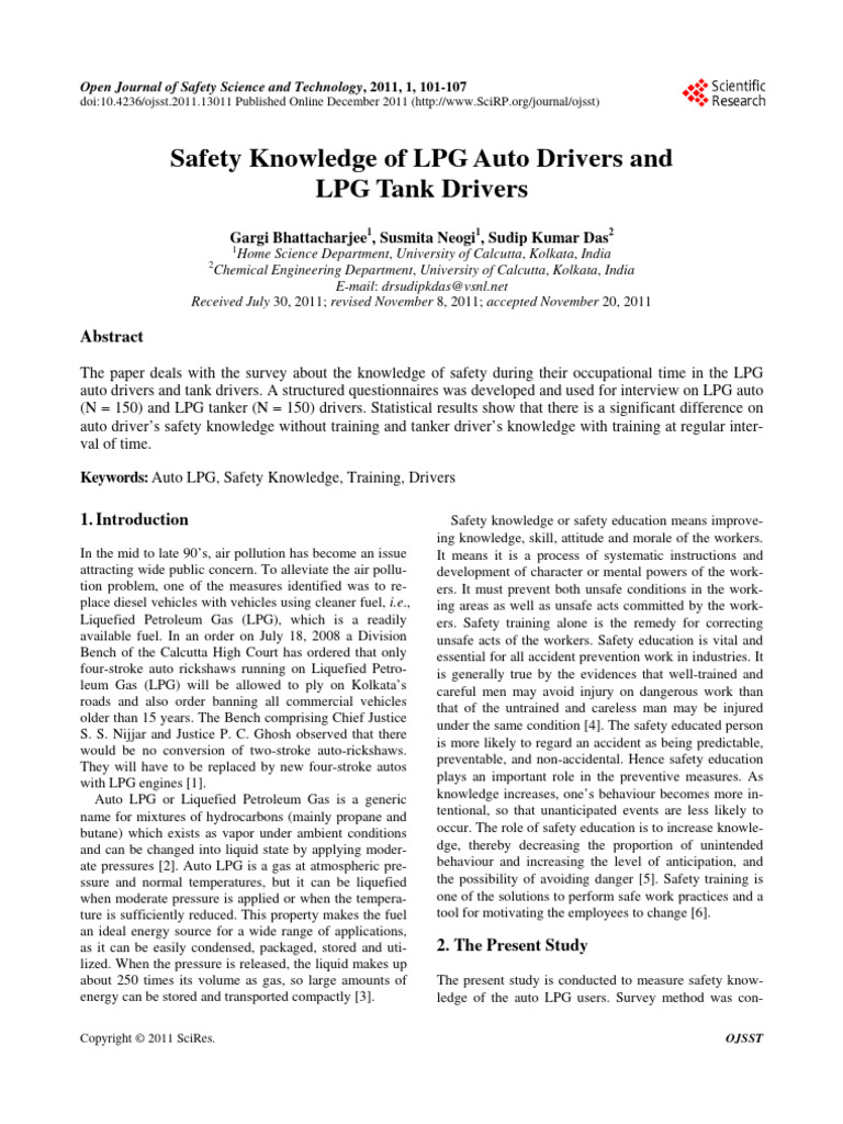 Safety Knowledge Of Lpg Auto Drivers And Lpg Tank Pdf Liquefied