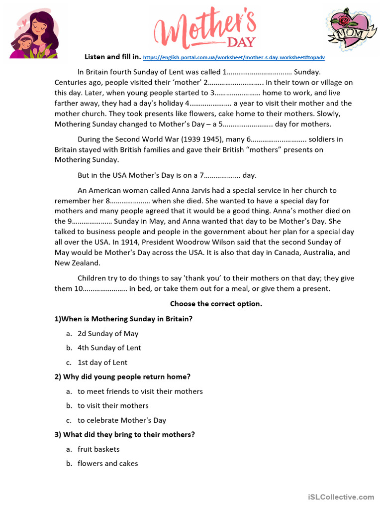Mother's Day History and Activities Worksheet | PDF