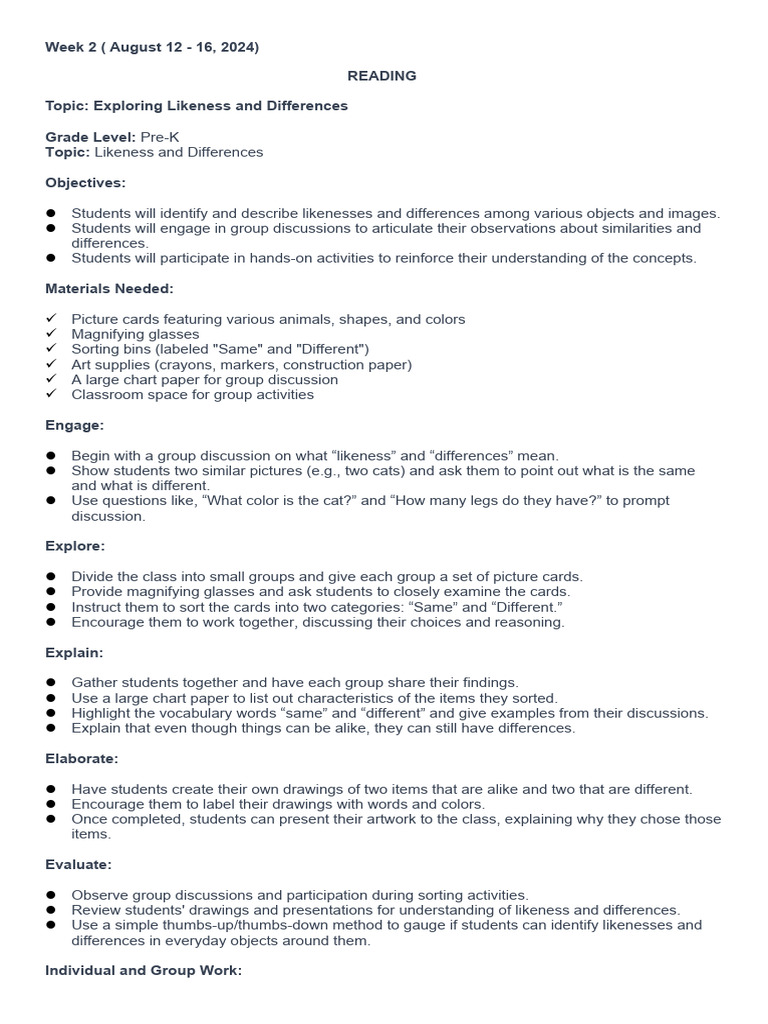 Kinder 1 Week 2 Lesson Plan AUGUST 12 16 2024 | PDF | Drawing | Lesson Plan