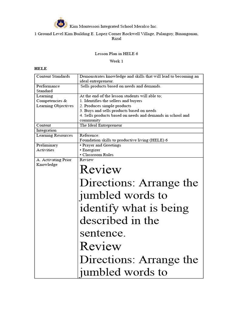Lesson Plan in HELE 6 Week 1 | PDF | Teaching | Pedagogy