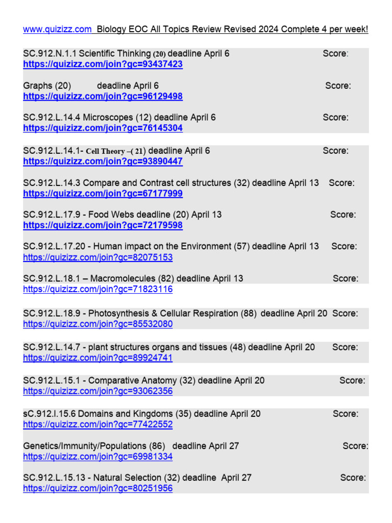 Biology EOC Review Quizzes 2024 | PDF | Biology | Cell (Biology)