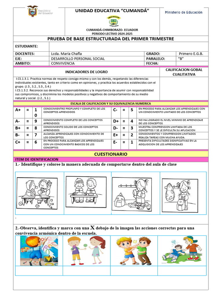 Pruebas 1ro Egb Convivencia | PDF | Aprendizaje | Modificación de comportamiento