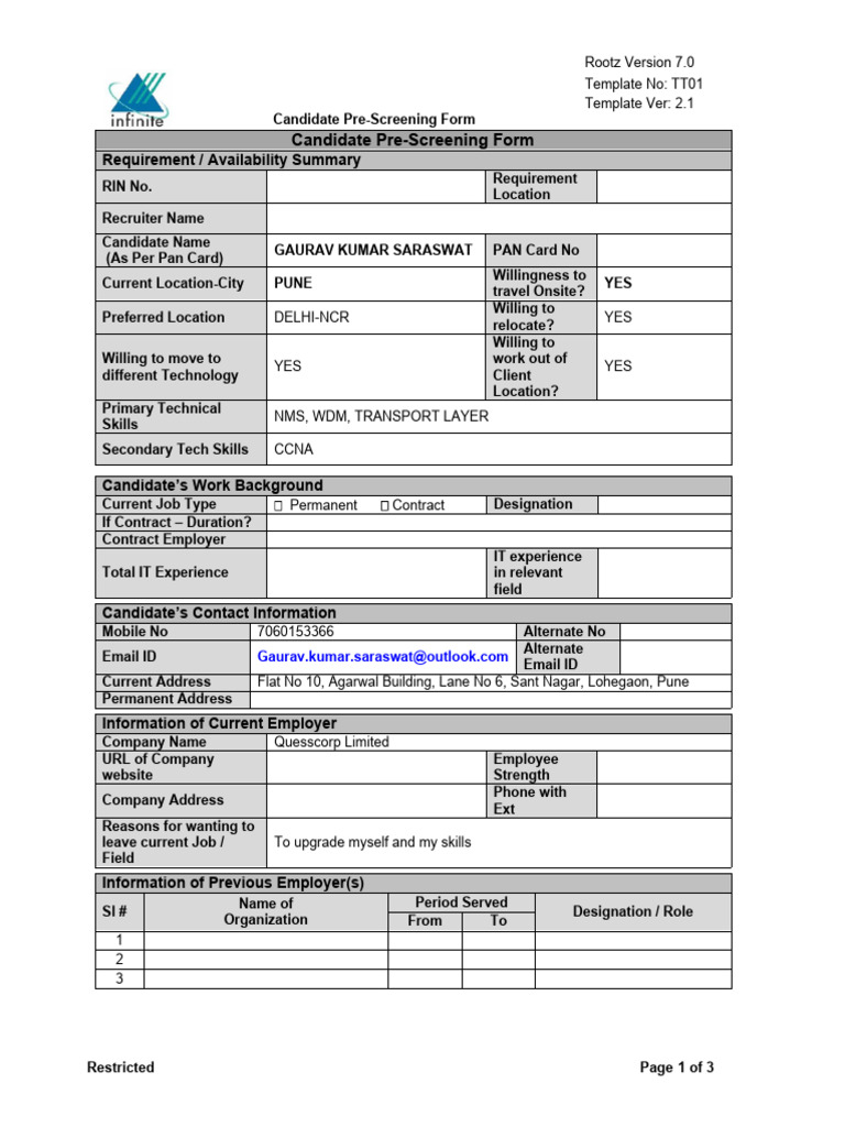 Candidate Pre-Screening Form Template | PDF