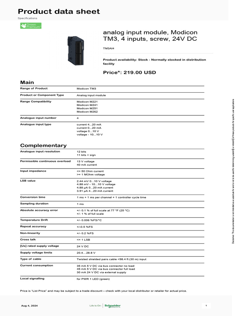 Schneider Electric - Modicon-TM3-Expansion-I-O-modules-for-M221-M241-M251 - TM3AI4 | PDF ...