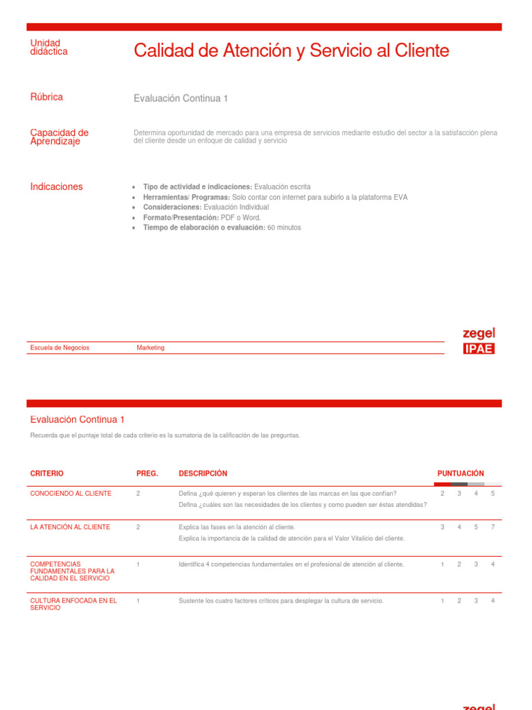 Rúbrica Evaluación Evaluación Continua 1 | PDF | Evaluación | Cliente