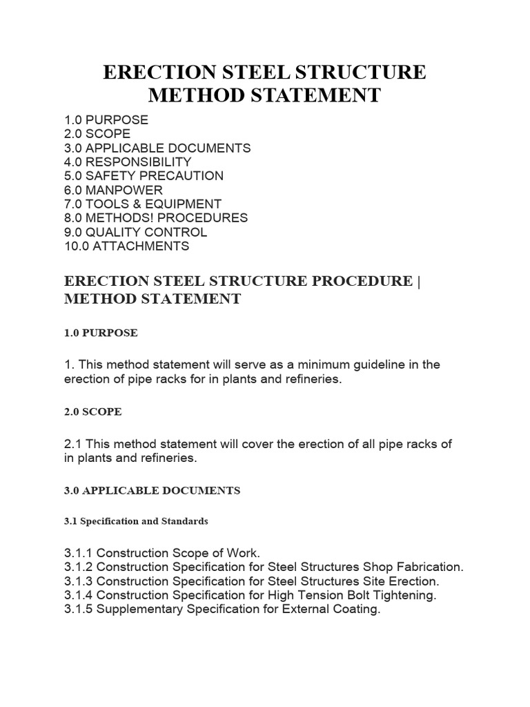 Erection Steel Structure Method Statement | PDF | Screw | Nut (Hardware)