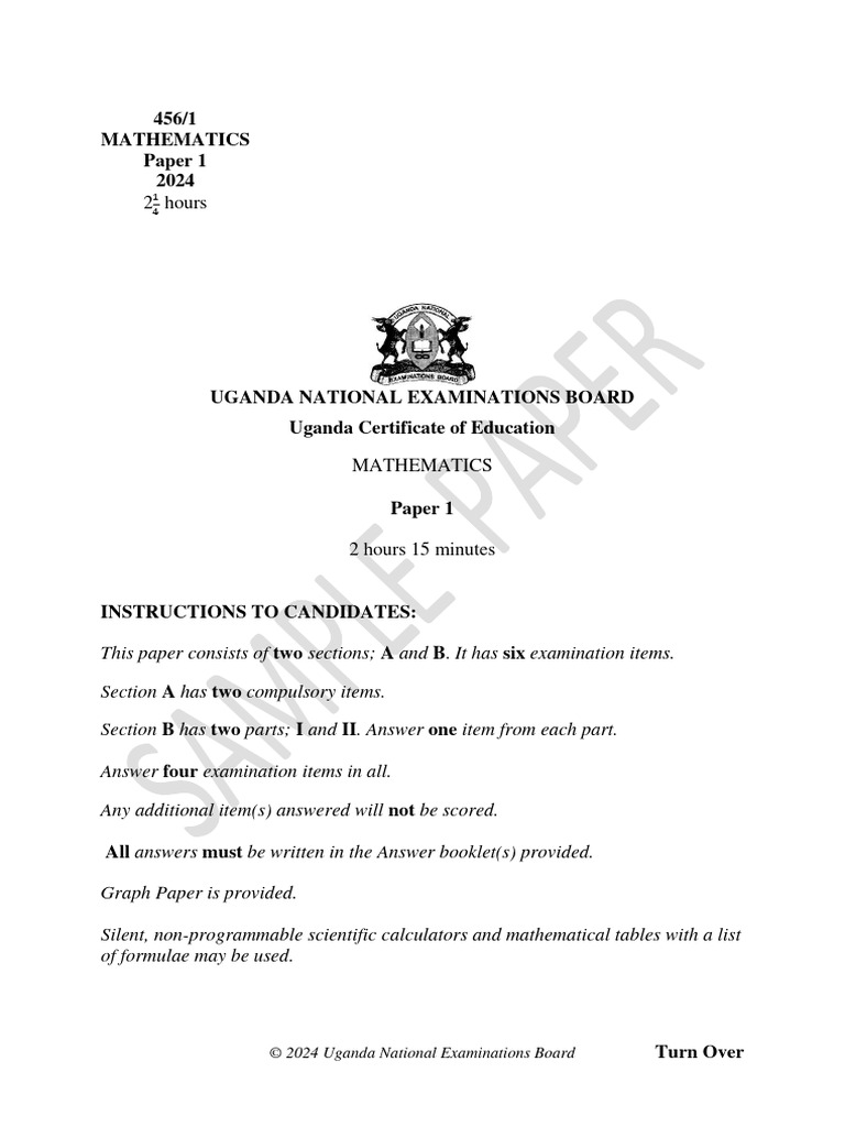 4561 Mathematics UNEB Sample Paper New Curriculum 2024 Plus Scoring Guide | PDF
