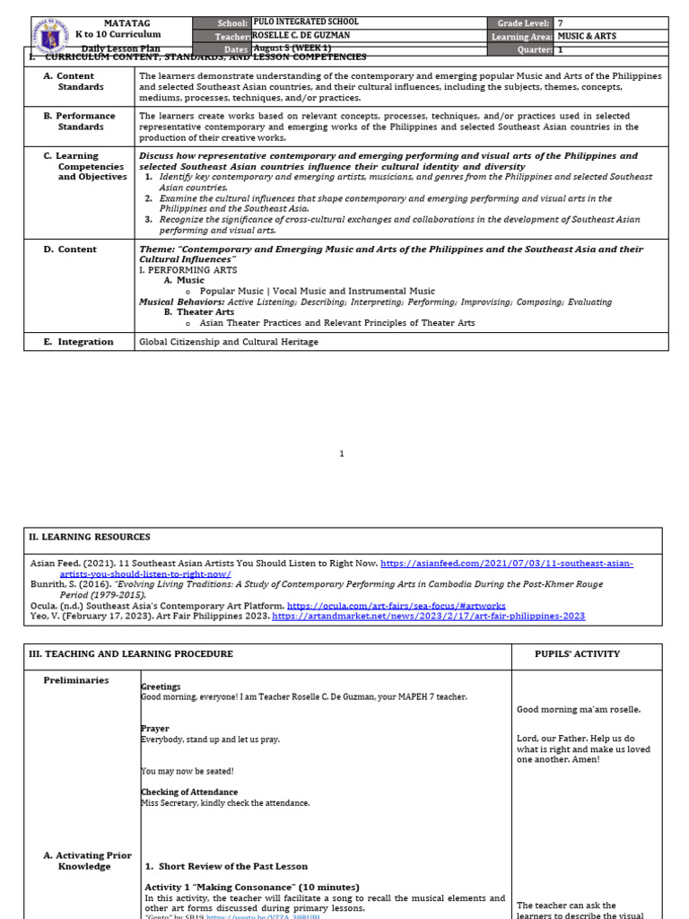 DLP - Music&arts 7 q1 w1 Day 1 | PDF | The Arts | Learning